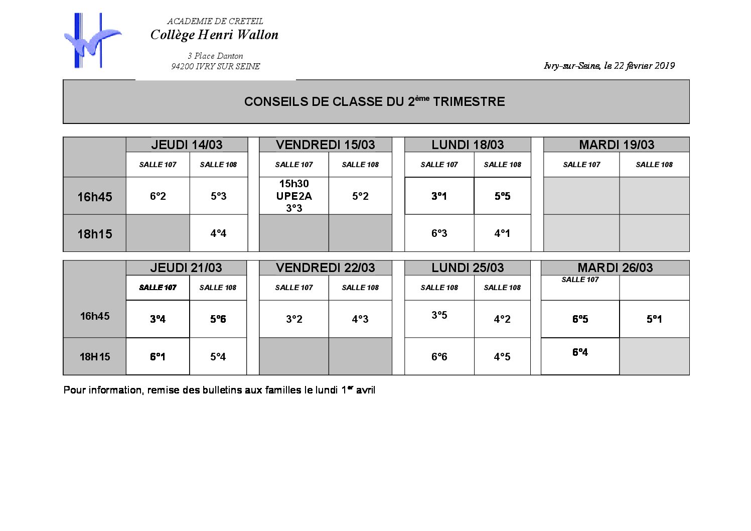 Calendrier Des Conseils De Classe College Henri Wallon Ivry Sur Seine